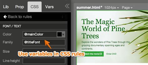 using variables in css rules pinegrow web editor