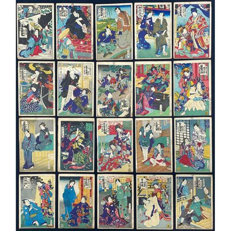 【傷や汚れあり】hana Desu15 小判 歌舞伎 役者絵 二十枚 豊原国周 Kunichika 国政 Kunimasa 本物 浮世絵 木版
