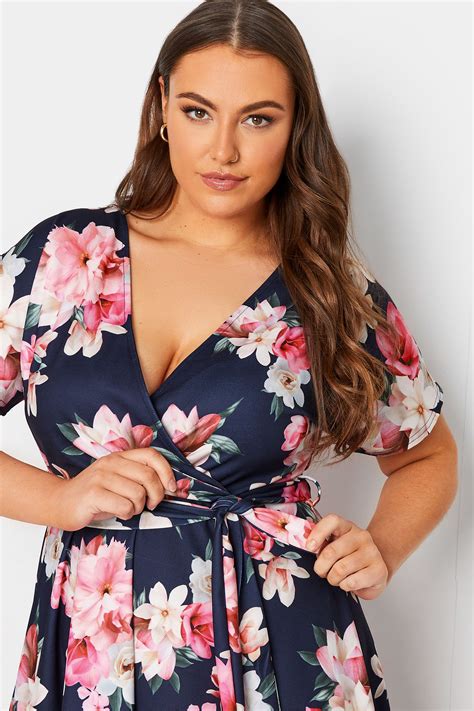 Yours London Curve Plus Size Navy Blue And Pink Floral Skater Wrap Dress