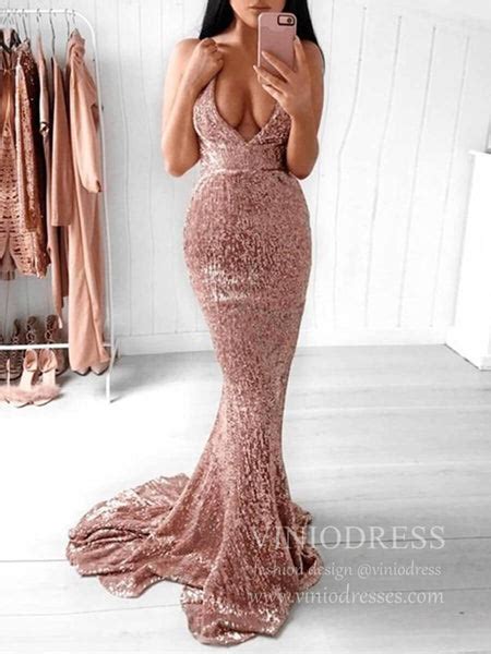 Sexy Rose Gold Sequin Mermaid Prom Dresses Backless V Neck Formal Dres