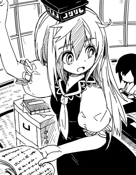 Safebooru 1girl Book Greyscale Hat Kamishirasawa Keine Long Hair