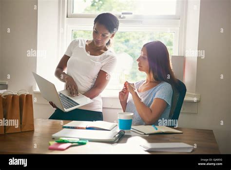 Two Businesswomen Discussing A Project Together On A Laptop Computer As