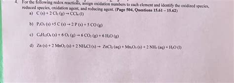 Solved For The Following Redox Reactions Assign Oxidation