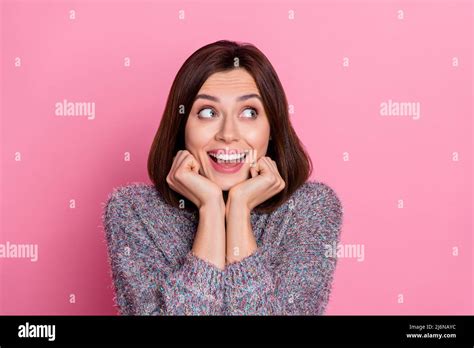 Photo Of Impressed Millennial Bob Hairdo Lady Look Promo Wear Sweater