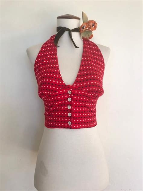 Sweet Red Navy And White Polka Dot 70s Halter Top Etsy Halter Top