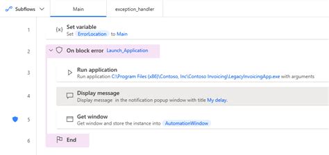 exception handling in power automate desktop using on error block acti