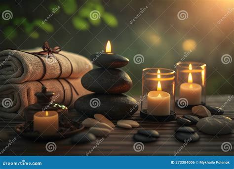 Beauty Spa Treatment And Relax Concept Hot Stone Massage Setting Lit