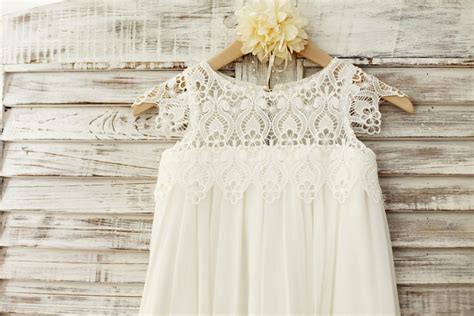 Boho Beach Lace Cap Sleeves Ivory Chiffon Flower Girl Dress Princessly