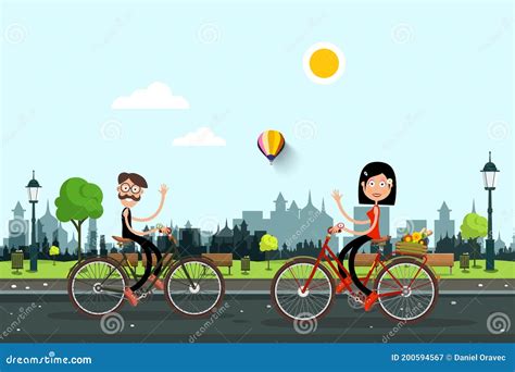 Man And Woman Riding Bikes In City Park Stock Vector Illustration Of