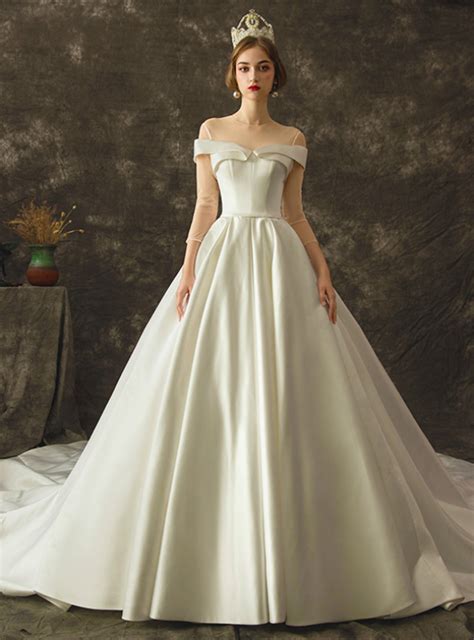 White Ball Gown Satin 3 4 Sleeve Backless Wedding Dress With Train