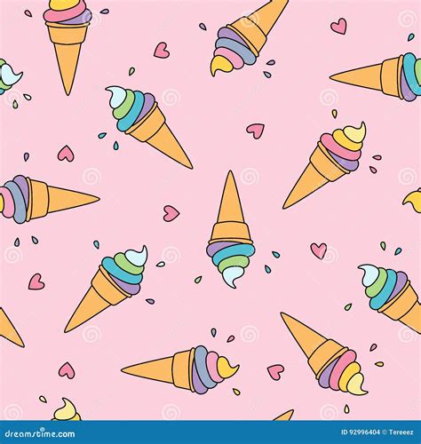 Pastel Ice Cream Seamless Pattern With Cute Hearts On Pink Background