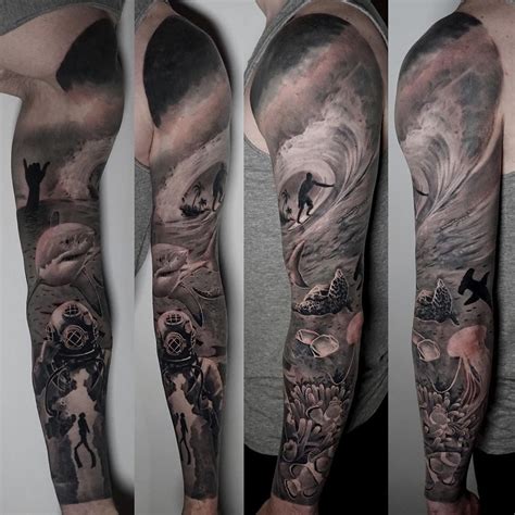 Surf And Sea Life Scene Full Sleeve Tattoo Made By Alo Loco In London