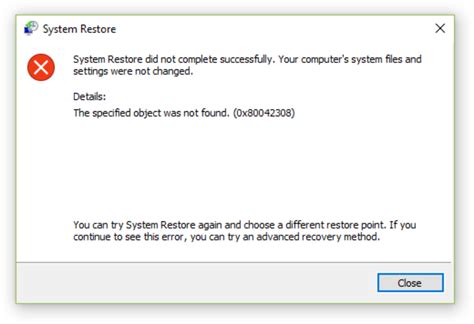 repair system restore error 0x80042308 the specified object was not
