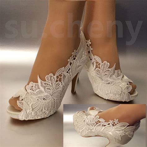 3” 4” Heel White Ivory Silk Lace Open Toe Crystal Wedding Shoes Bride