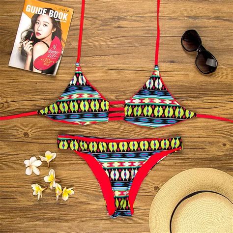 Summer Sexy Bikini Trikini 2017 Woman Red Flower Pattern Swimwear Push
