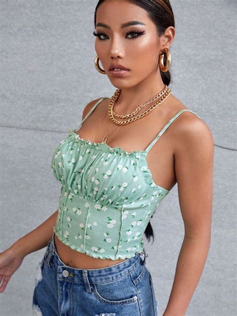 Shein Qutie Ruched Bust Frill Trim Seam Front Cami Top Shein In