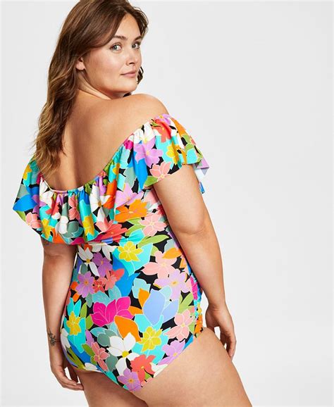 Swim Solutions Plus Size Tummy Control Off The Shoulder Ruffled