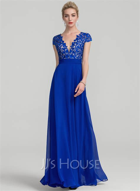 A Line Princess V Neck Floor Length Chiffon Prom Dresses With Ruffle