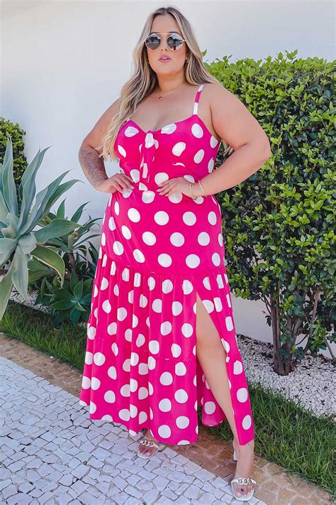 Vestido Plus Size Longo Poá Pink Vk Moda Plus Size