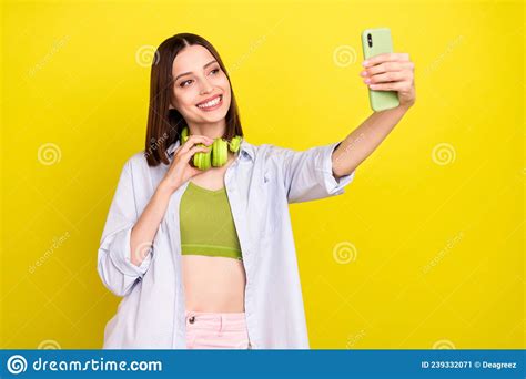 Photo Of Cool Brunette Millennial Lady Do Selfie Wear Headphones Green