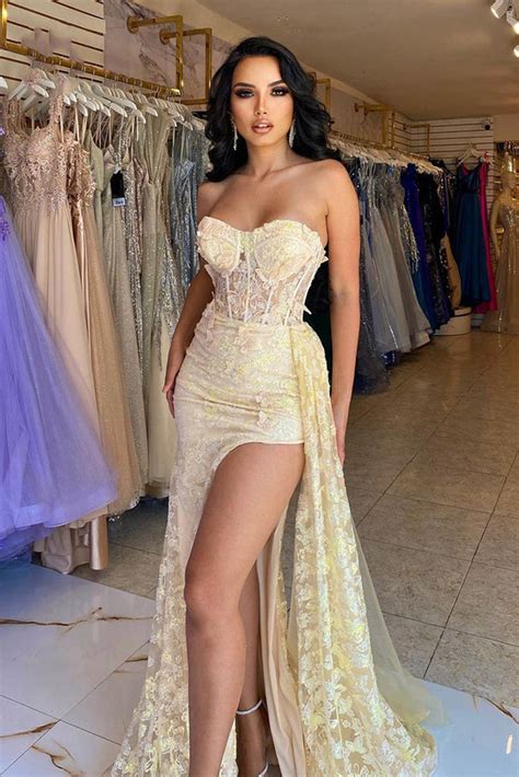 Elegant Strapless Yellow Lace Long Prom Dress With High Slit Yellow L