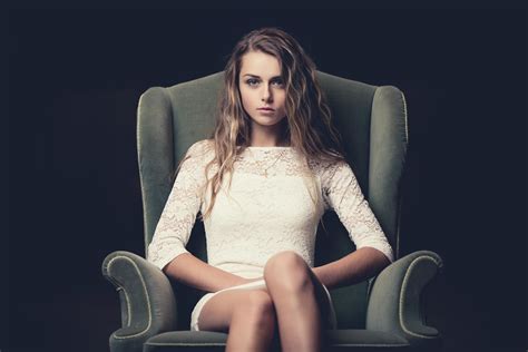 Women Model Long Hair Blue Eyes Looking At Viewer Sitting
