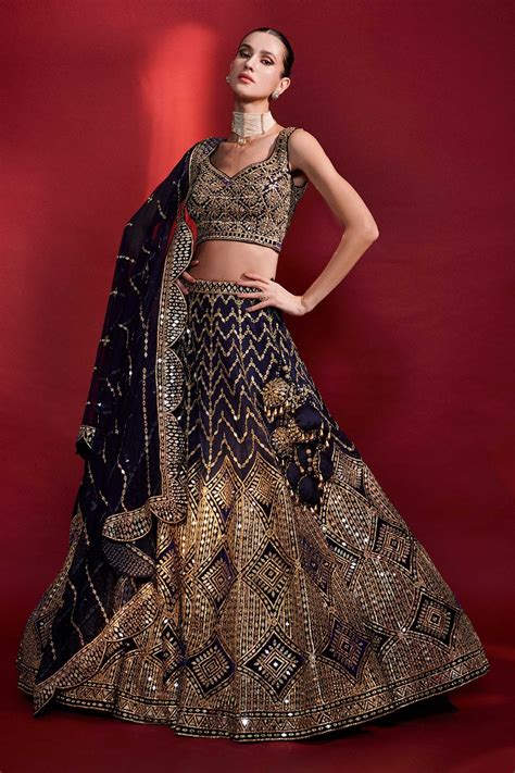 Buy The Indian Bridal Company Blue Organza Embroidered Lehenga Set
