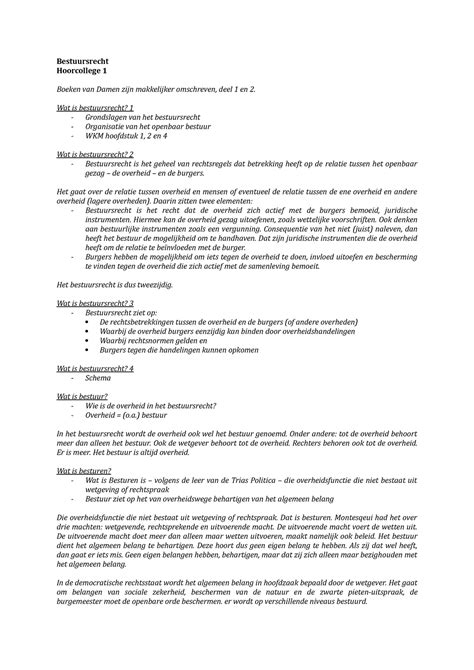 Bestuursrecht Hc 1 College Aantekening 1 Bestuursrecht Hoorcollege