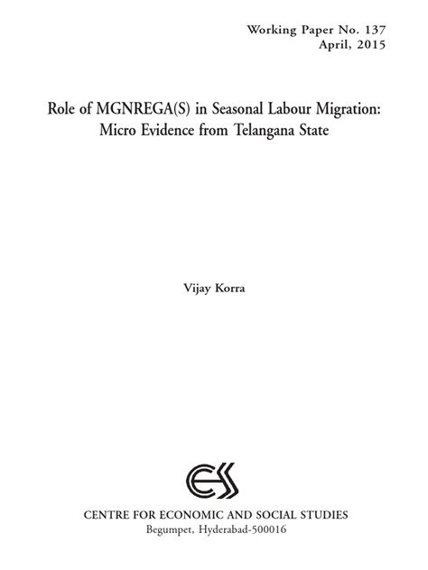 Ole Of Mgnrega S In Seasonal Labour Migration Micro Evidence From