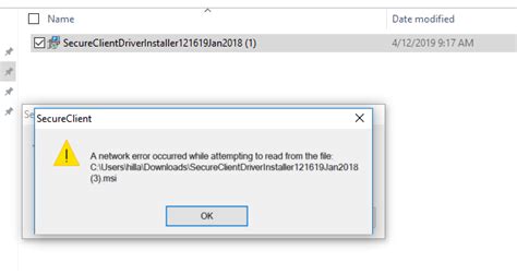 a network error occured while attempting to read from the file