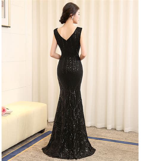 Black Sequin V Neck Mermaid Long Shiny Prom Dresses Evening Gowns