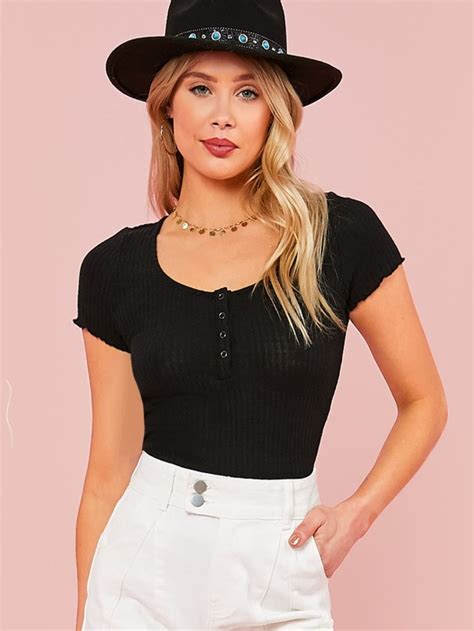 Shein Essnce Button Front Rib Knit Tee Shein Usa