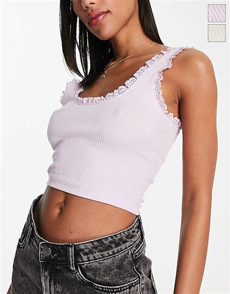 Miss Selfridge 2 Pack Vest With Lace Detail In Cream And Lilac Asos
