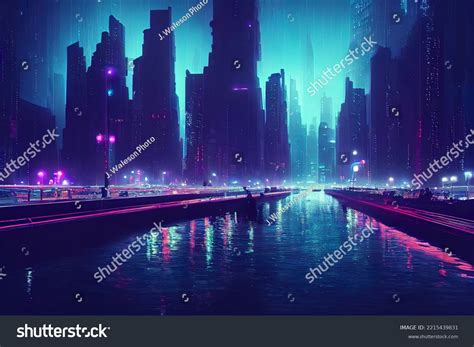 Cyberpunk Neon City Night Futuristic City Stock Illustration 2215439831