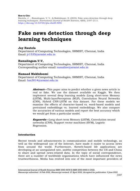 Pdf Fake News Detection Through Deep Learning Techniques