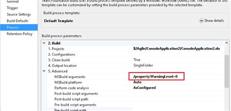 tfs msbuild defintion suppress warning messages for specific