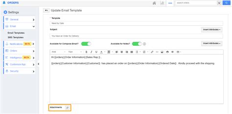 how do i attach files from app layouts in the email templates of orders