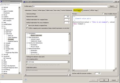 eclipse formatter line wrapping for method names not working stack