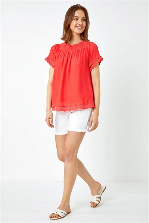 Coral Lace Detail Shirred Bardot Top Roman Uk