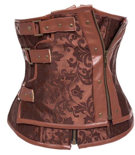 Steampunk Brown Brocade Double Zipper Steel Boned Underbust Corset N9559
