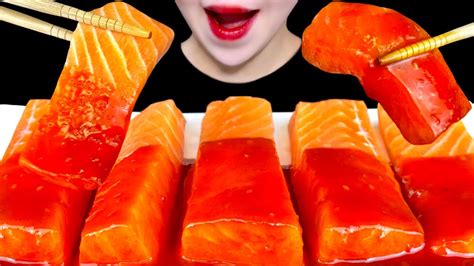 Asmr Raw Salmon Sashimi Spicy Sauce Mukbang 연어회 매운소스 먹방 सैल्मन サーモン 三文鱼