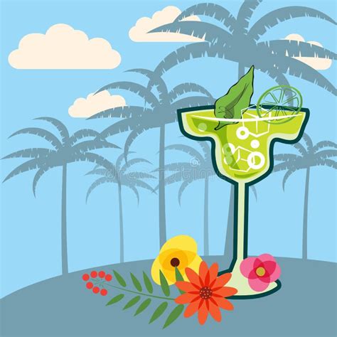 Cocktails Drinks Palm Trees Flowers Flyer Banner Vector