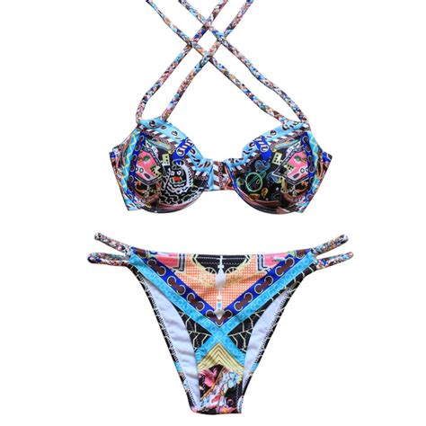 Summer Hand Woven Rope Swimming Printing Bikini Swimwear Bandage Bikini