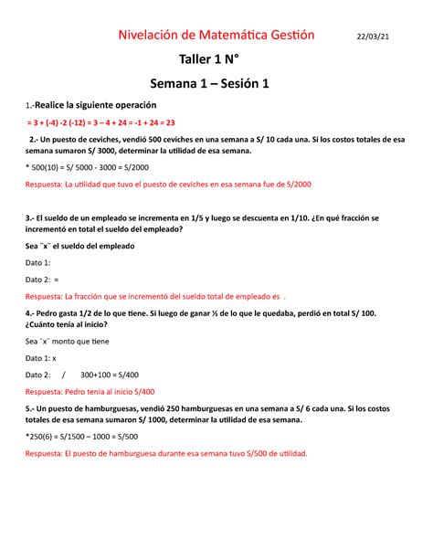 Taller De La 1 Semana De Nivelación Nivelación De Matemática Gestión