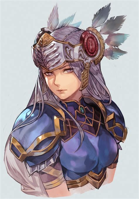 Safebooru 1girl Armor Armored Dress Blue Armor Feathers Gem Grey