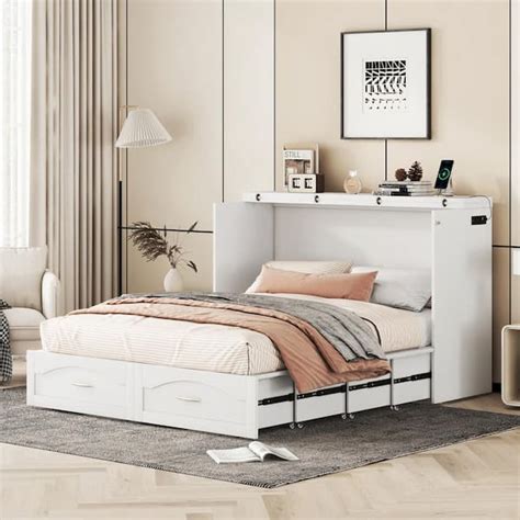 Harper And Bright Designs White Wood Frame Queen Size Murphy Bed With