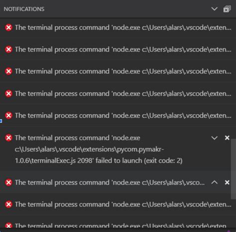 python vs code pymakr the terminal process command failed to launch