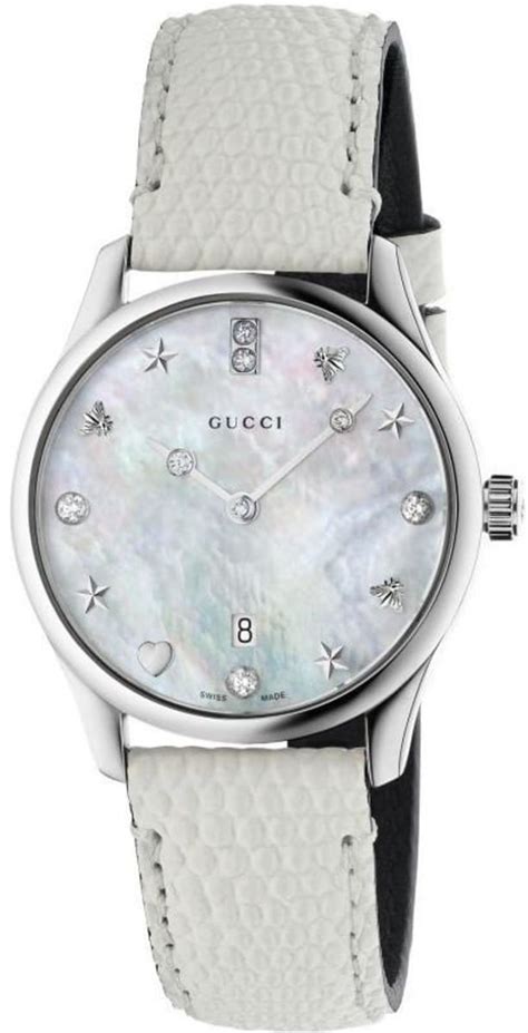 Gucci G Timeless Mother Of Pearl Diamond Dial White Leather Strap Women