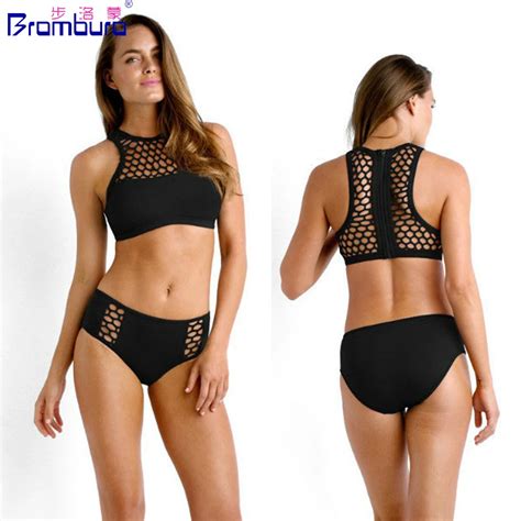 Black White Mesh Bikini Set Hollow Out Zipper Bikini Swimwear High Neck