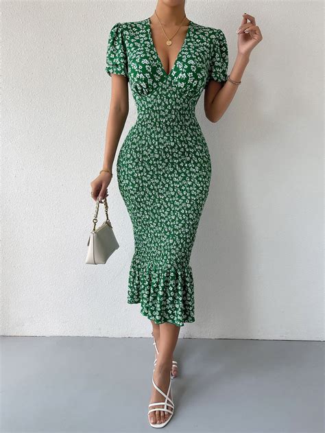 Shein Privé Ditsy Floral Print Ruffle Hem Shirred Dress Shein Usa